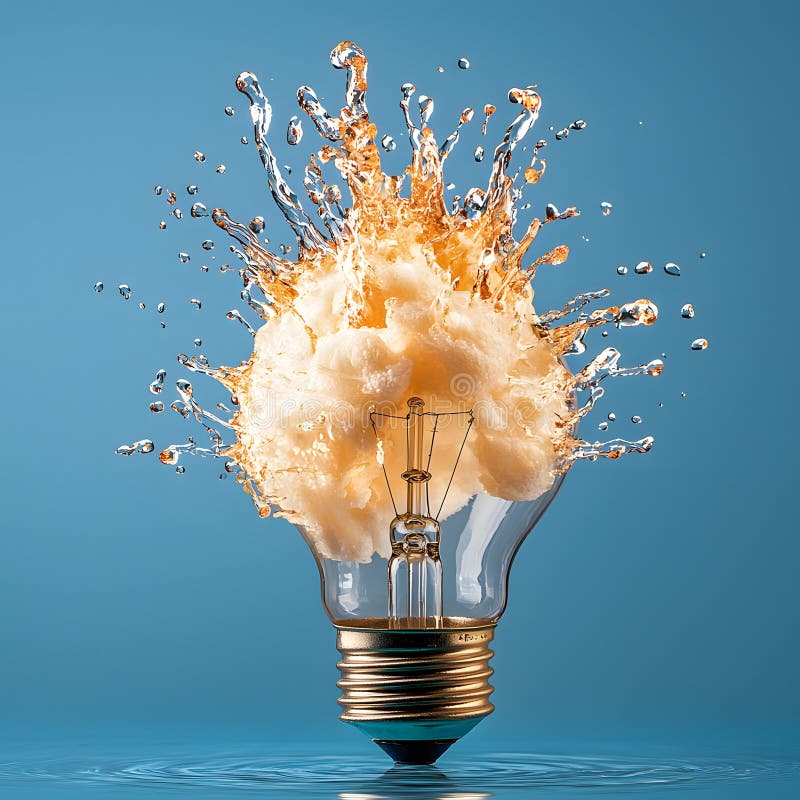 Amber Liquid Exploding from Lightbulb on Blue Background Stock ...