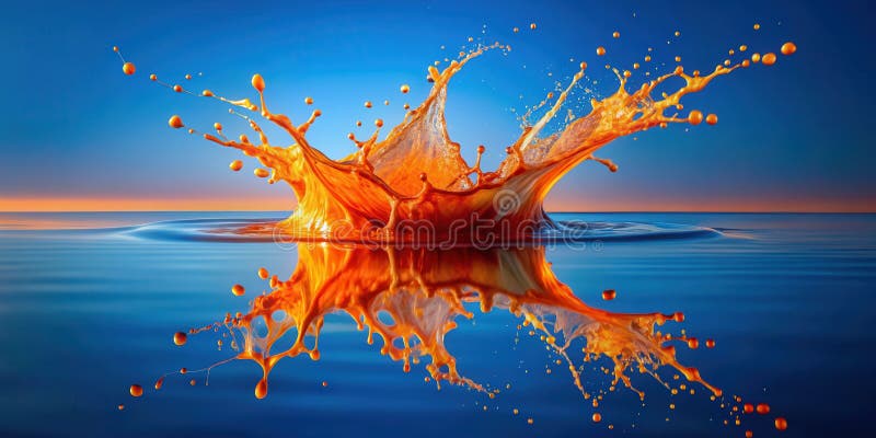 Amber Liquid Exploding into a Serene Body of Water at Sunset, Creating ...