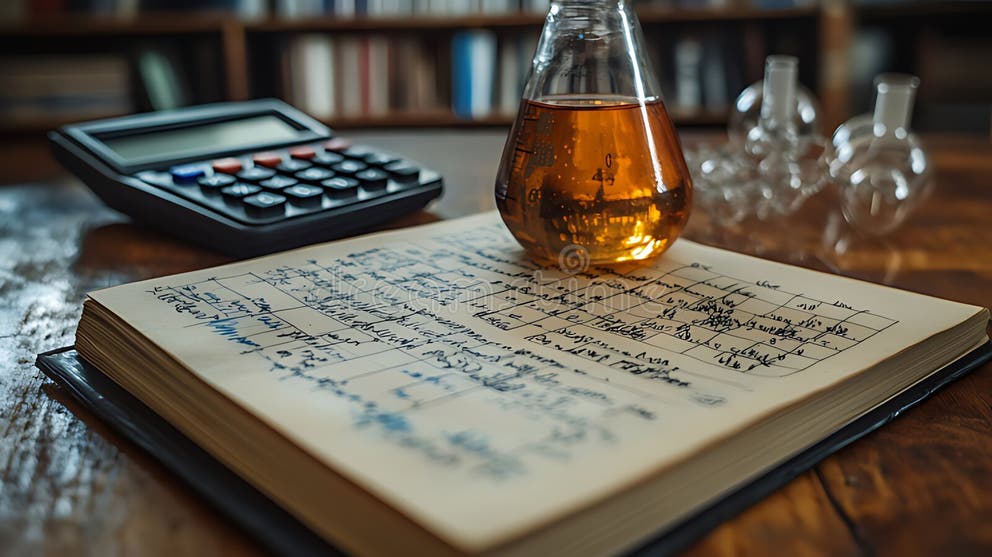 Amber Liquid in Flask on Open Notebook with Calculator & Glassware ...