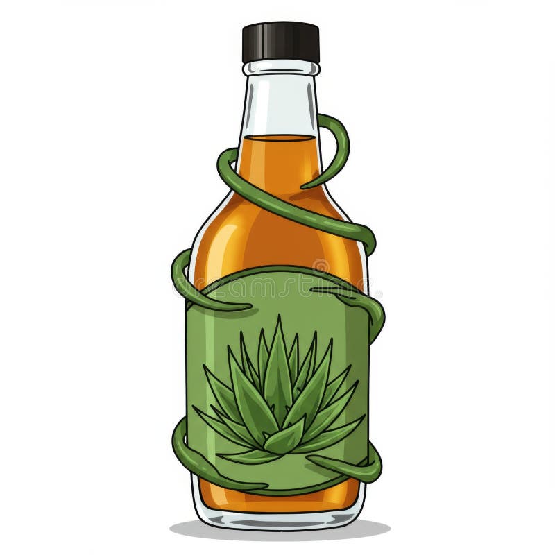 Amber Liquid in Glass Bottle with Green Agave Label Stock Illustration ...
