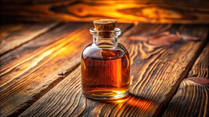 Amber Liquid in Glass Bottle on Rustic Wooden Surface. Generative AI ...