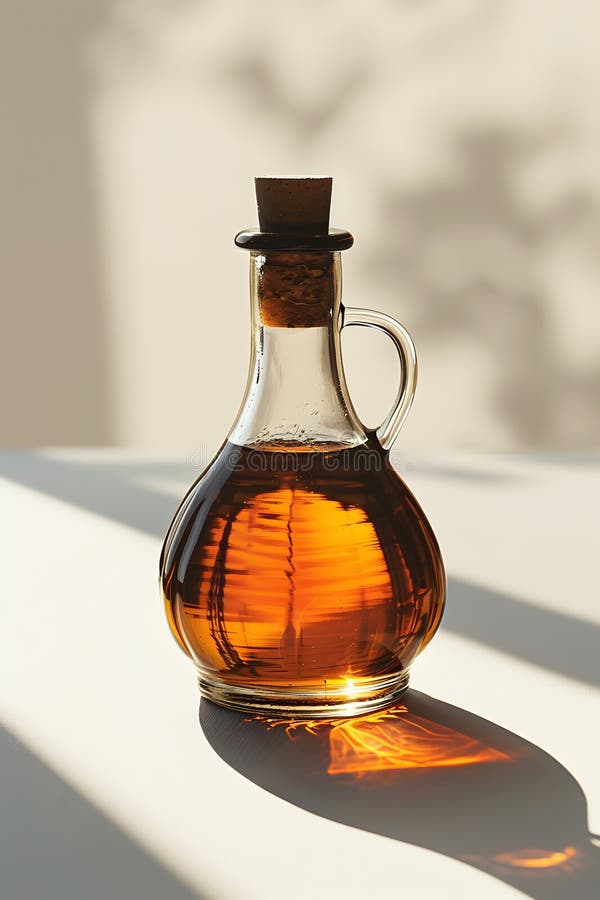 Amber Liquid in Glass Bottle with Stopper on Table Maple Syrup Stock ...