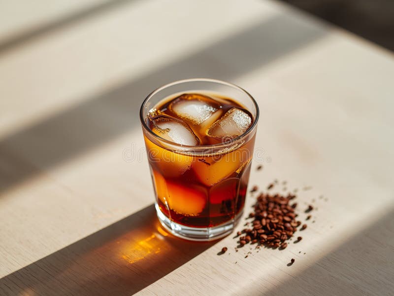 Amber Liquid in Glass with Ice Cubes, Accentuated by Light and Shadow Play. Stock Photo - Image ...