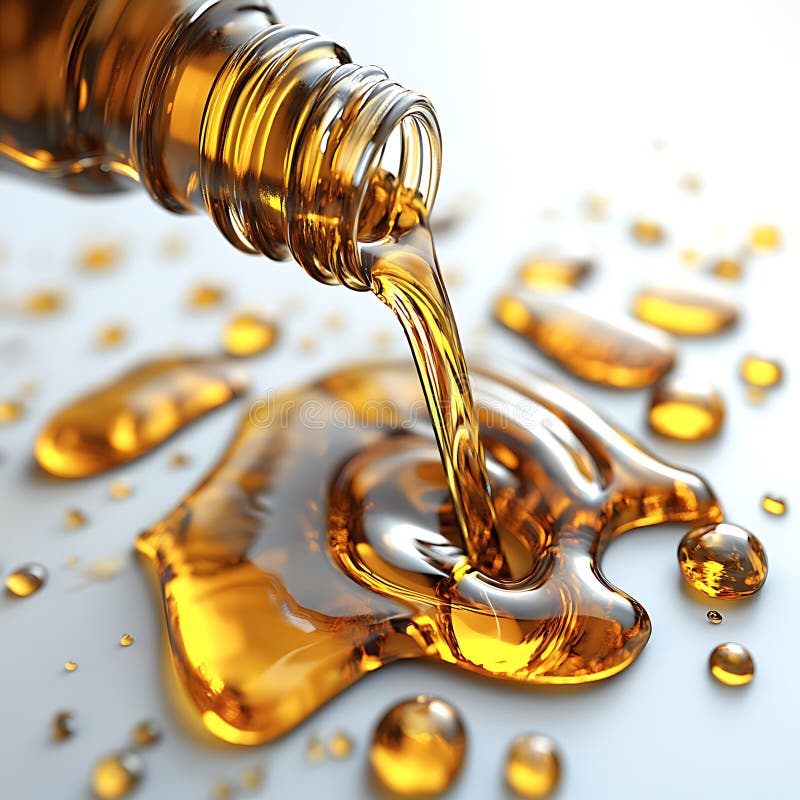 Amber Liquid Pouring from Bottle, Creating Puddle and Droplets Stock ...