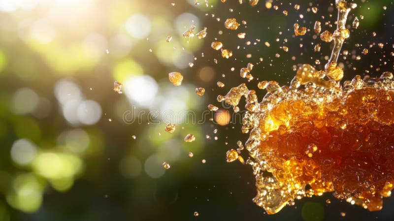Amber Liquid Splash Against a Green Bokeh Background Stock Illustration ...