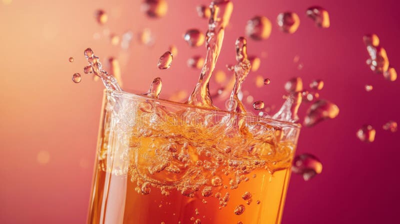 Amber Liquid Splashing in a Glass Against Pink Background Stock ...