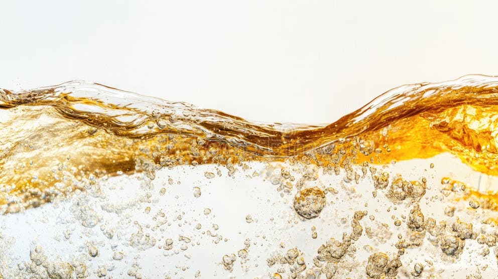 Amber Liquid Wave with Bubbles Flowing Underwater on White Background ...