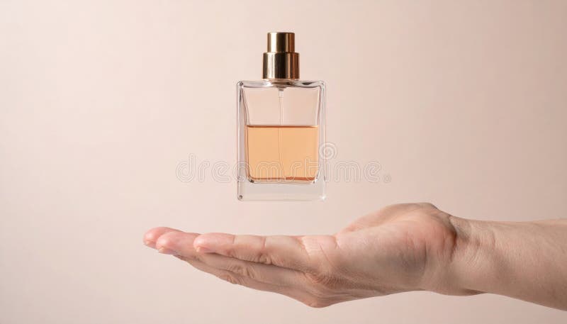 Amber Perfume Bottle Floating Above a Hand Stock Illustration ...