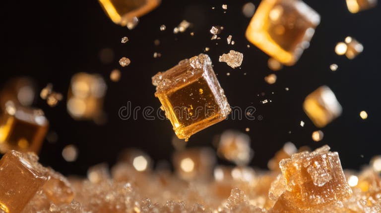 Amber Sugar Crystals Falling Against Dark Background Stock Illustration ...