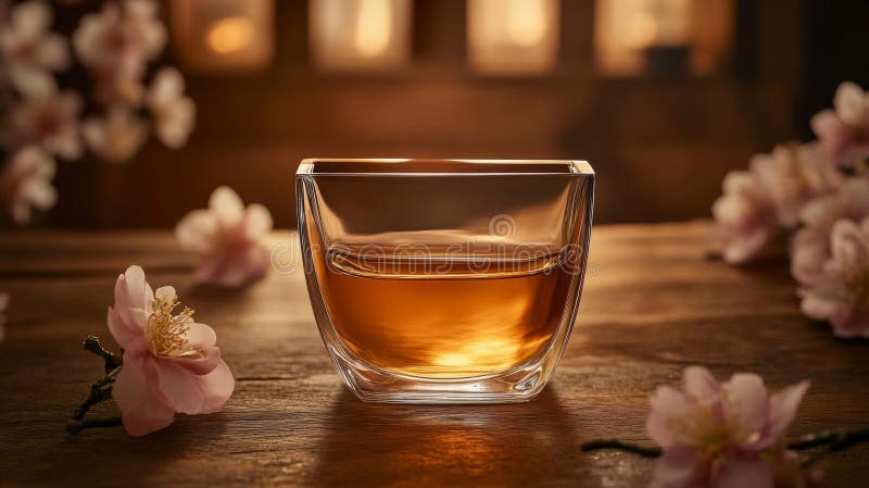 Amber Tea in Square Glass with Pink Blossoms Stock Illustration ...