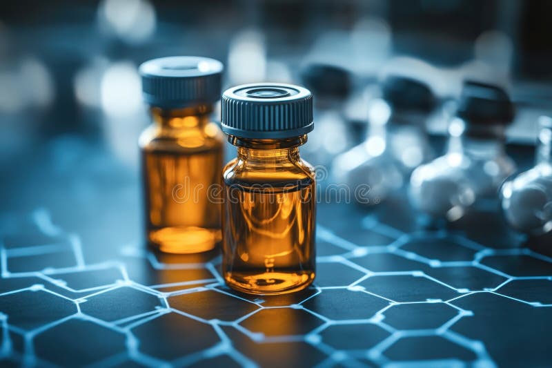 Amber Vials Containing Liquids on a Laboratory Table with Molecular ...