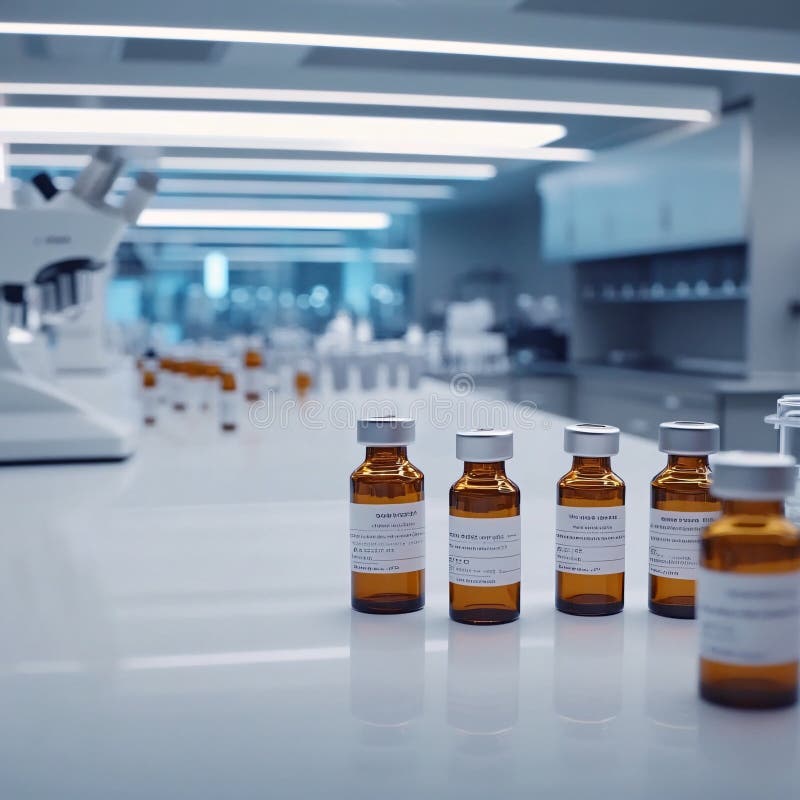 Amber Vials on Lab Counter with Microscope in Modern Laboratory Stock ...
