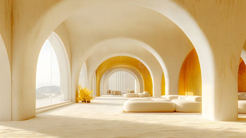 An Amberlit Arcade with Arched Windows and a Symmetrical Vaulted ...