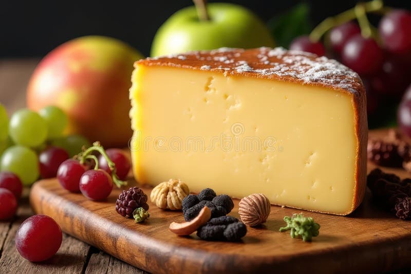 Ambert Fourme Cheese Wheel and Rustic Wooden Board Setup Stock Photo ...