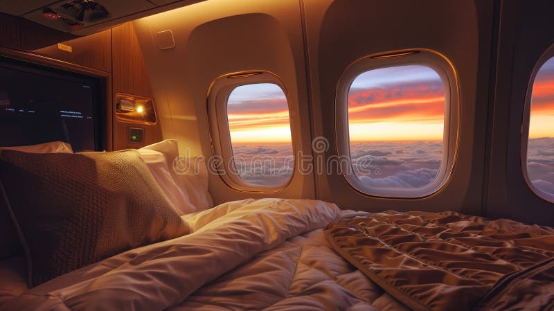 Ambient Lighting and Cloudy Sunset in Emirates First Class Cabin Stock ...