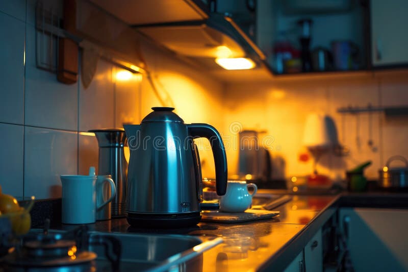 Ambient-Lit Kitchen Scene with a State-of-the-Art Kettle. Stock ...