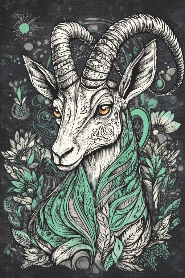 Ambition and Grace. Teal and Silver Drawing of a Goat with Determined ...