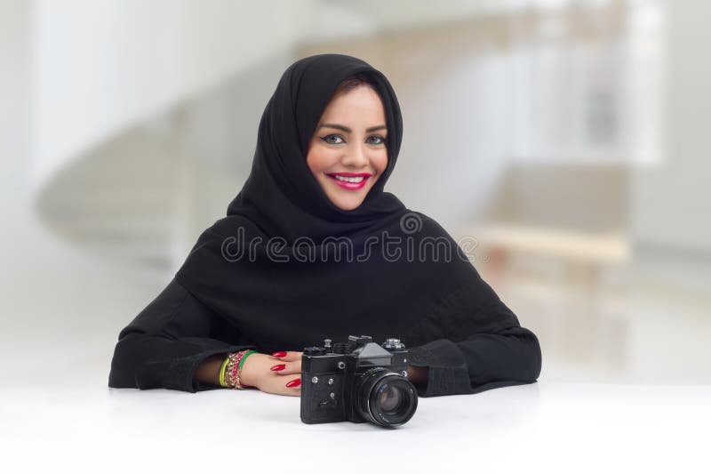 Ambitious Arabian Photographer Posing with Her Professional Camera ...