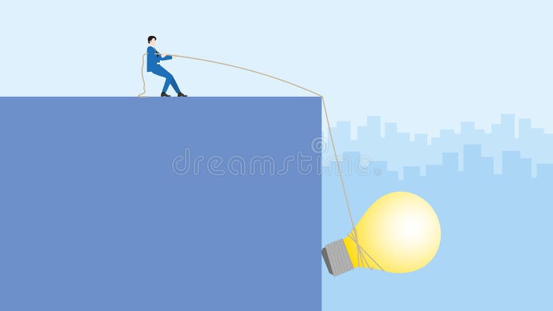 Ambitious Businessman Pulls a Rope Big Light Bulb from Falling Down ...