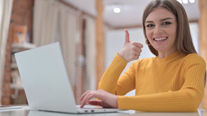 Ambitious Creative Young Woman Doing Thumbs Up in Office Stock Photo ...