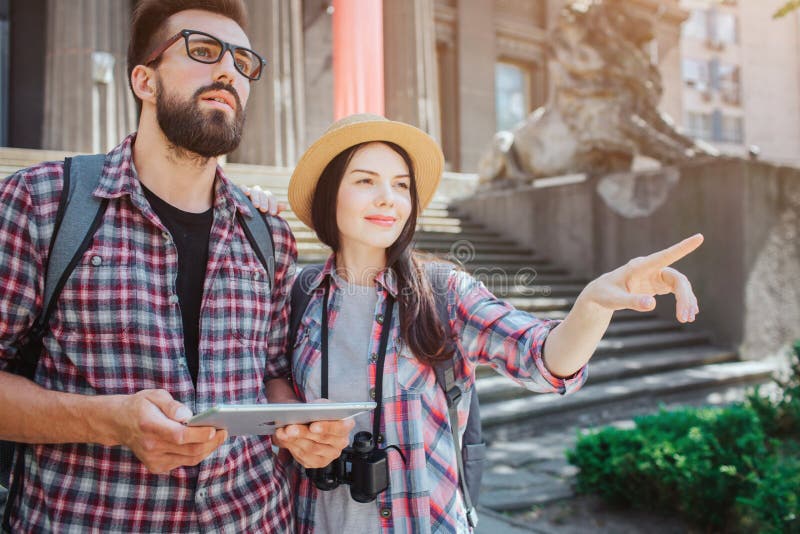 Ambitious and Joyful Young People Stand Outside and Look Forward. he ...