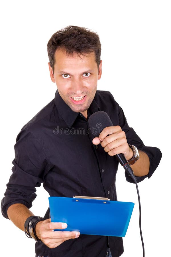 Ambitious Male Leader Speaking on Microphone with Notes Stock Image ...
