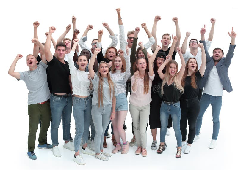 Ambitious Team of Young People with Hands Up Stock Photo - Image of ...