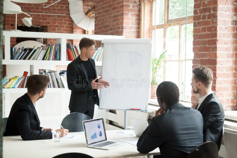 Ambitious Worker Presenting Business Ideas on Flipchart Stock Photo ...