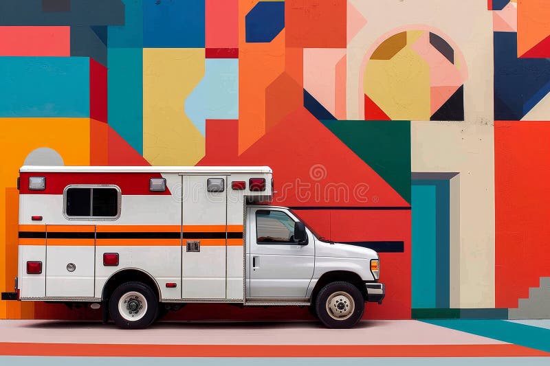 Ambulance Vehicle Parked in Front of a Vibrant, Multicolored Wall, an ...