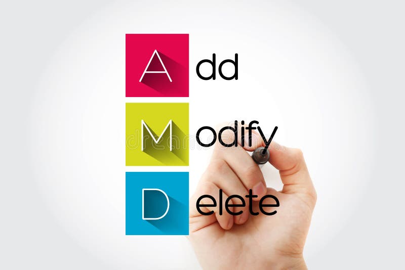 AMD - Add, Modify, Delete Acronym with Marker, Concept Background Stock ... AMD - Add, Modify, Delete Acronym with Marker, Concept Background Stock ...