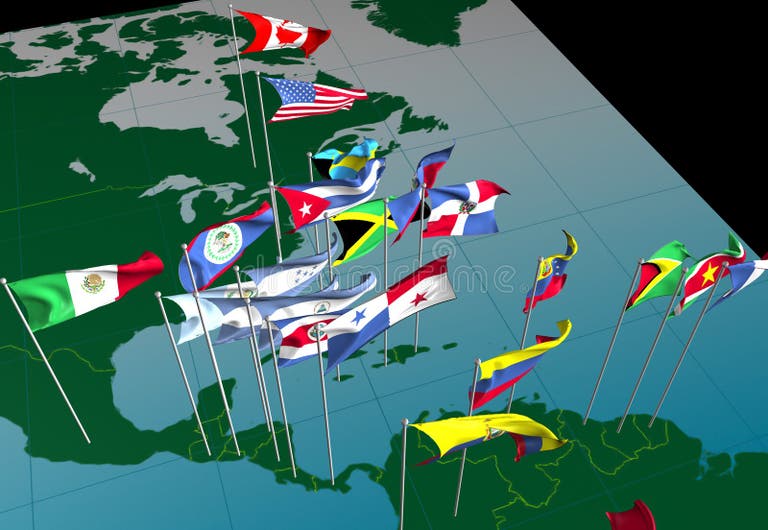 America Flags on Map ( Central View) Stock Illustration - Illustration ...