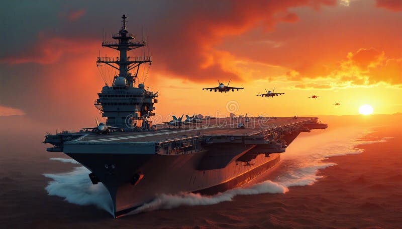 American Aircraft Carrier Sailing on the Ocean at Sunset with Fighter ...