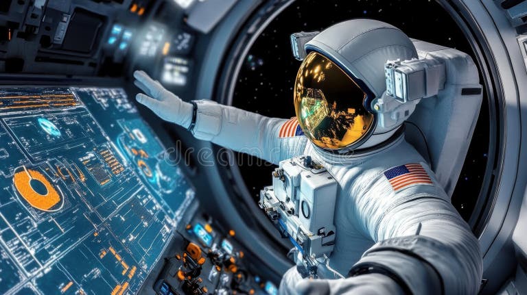 American Astronaut Working on Control Panel in Space Station Stock Photo - Image of orbiting ...