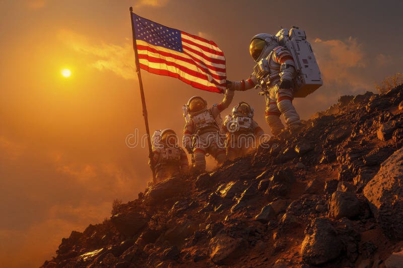 American Astronauts Celebrating on Mars at Sunset with Flag Scene for ...