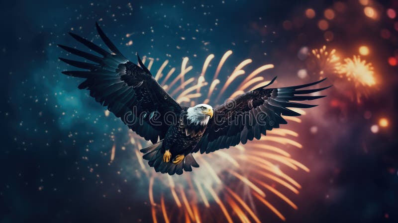 American Bald Eagle Flying with Fireworks in Background Stock Illustration - Illustration of ...