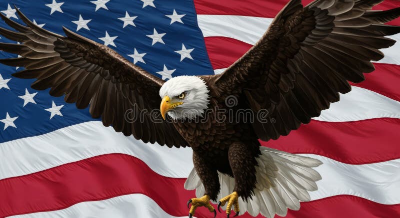 American Bald Eagle Flying Proudly Over Waving Us Flag Illustration ...