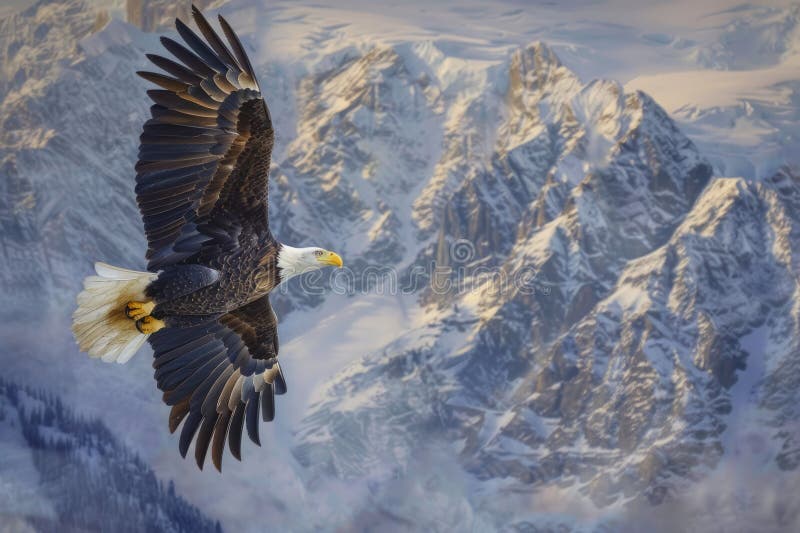 Bald Eagle Flying and Gliding Slowly and Majestic on the Sky Over High Mountains. Concept of ...