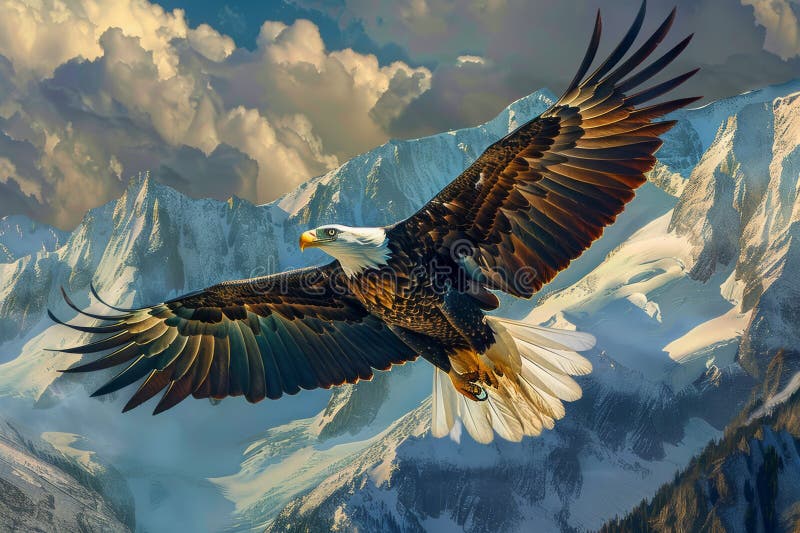 Bald Eagle Flying and Gliding Slowly and Majestic on the Sky Over High Mountains. Concept of ...