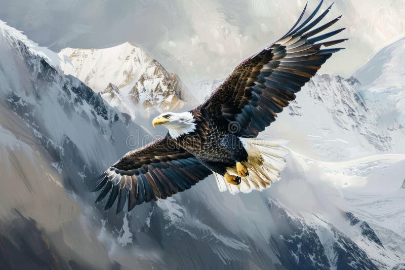 Bald Eagle Flying and Gliding Slowly and Majestic on the Sky Over High Mountains. Concept of ...