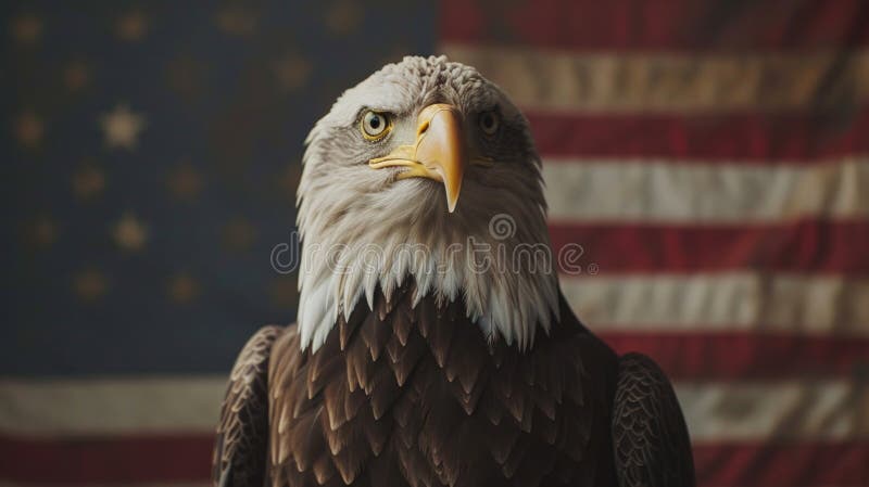 An American Bald Eagle Stands in Front of an American Flag Stock Image ...