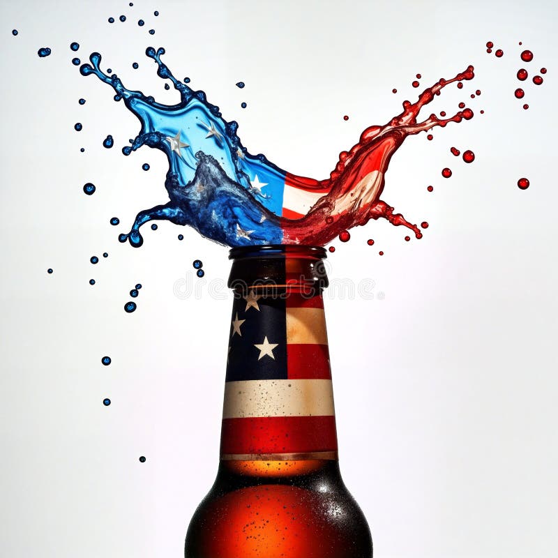American Beer Bottle Exploding with Red White and Blue Splash Stock ...