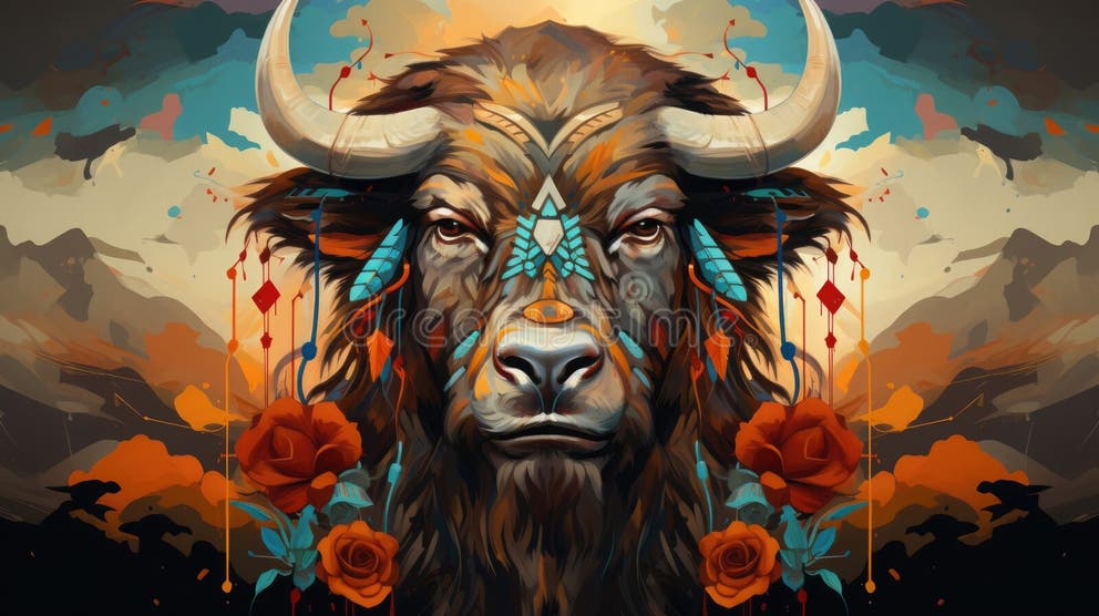 American Bison with Native American Tribal Patterns Stock Illustration ...