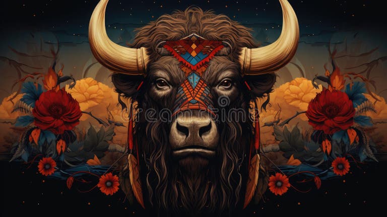 American Bison with Native American Tribal Patterns Stock Photo - Image ...