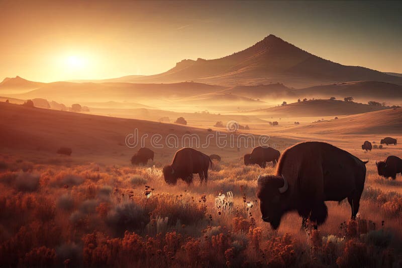 American Bison in South Dakota in a Field at Sunset. Stock Photo ...