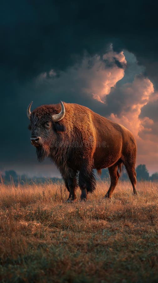American Bison Standing in Grassland at Sunset Under a Dramatic and ...