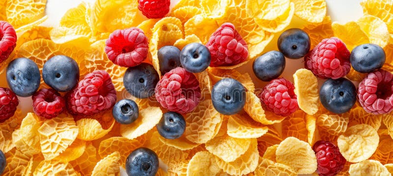 American Breakfast with Cornflakes, Berries, and Honey on White ...