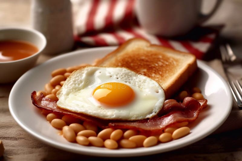 American Breakfast Fried Eggs with Beans and Bacon Stock Illustration ...