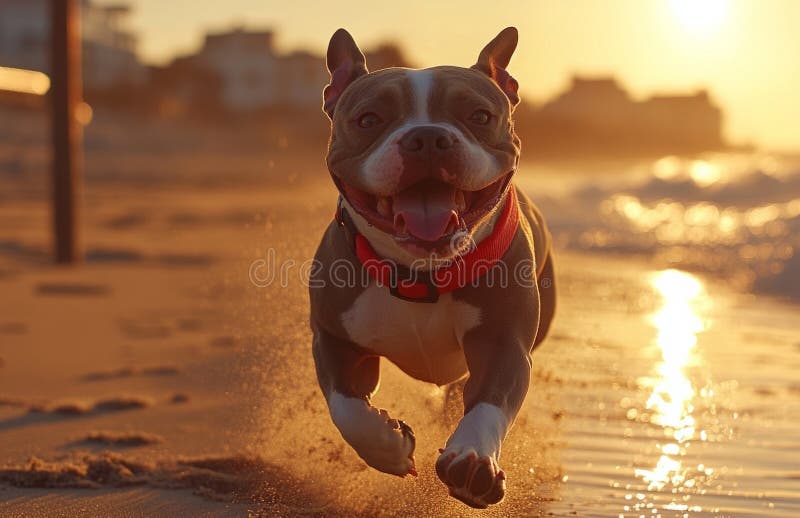 American Bully Running on the Beach at Sunset with a Red Collar Stock ...