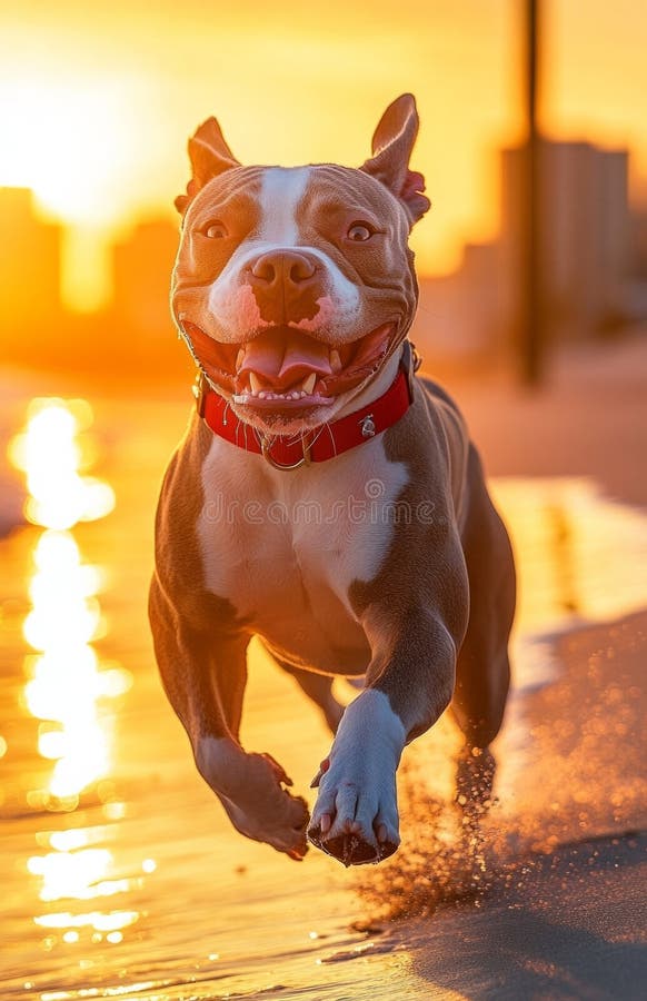 American Bully Running Beach Sunset Red Collar Stock Photos - Free ...