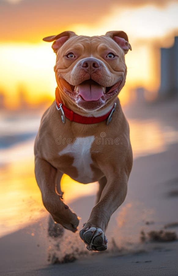 American Bully Running on the Beach at Sunset with a Red Collar Stock ...